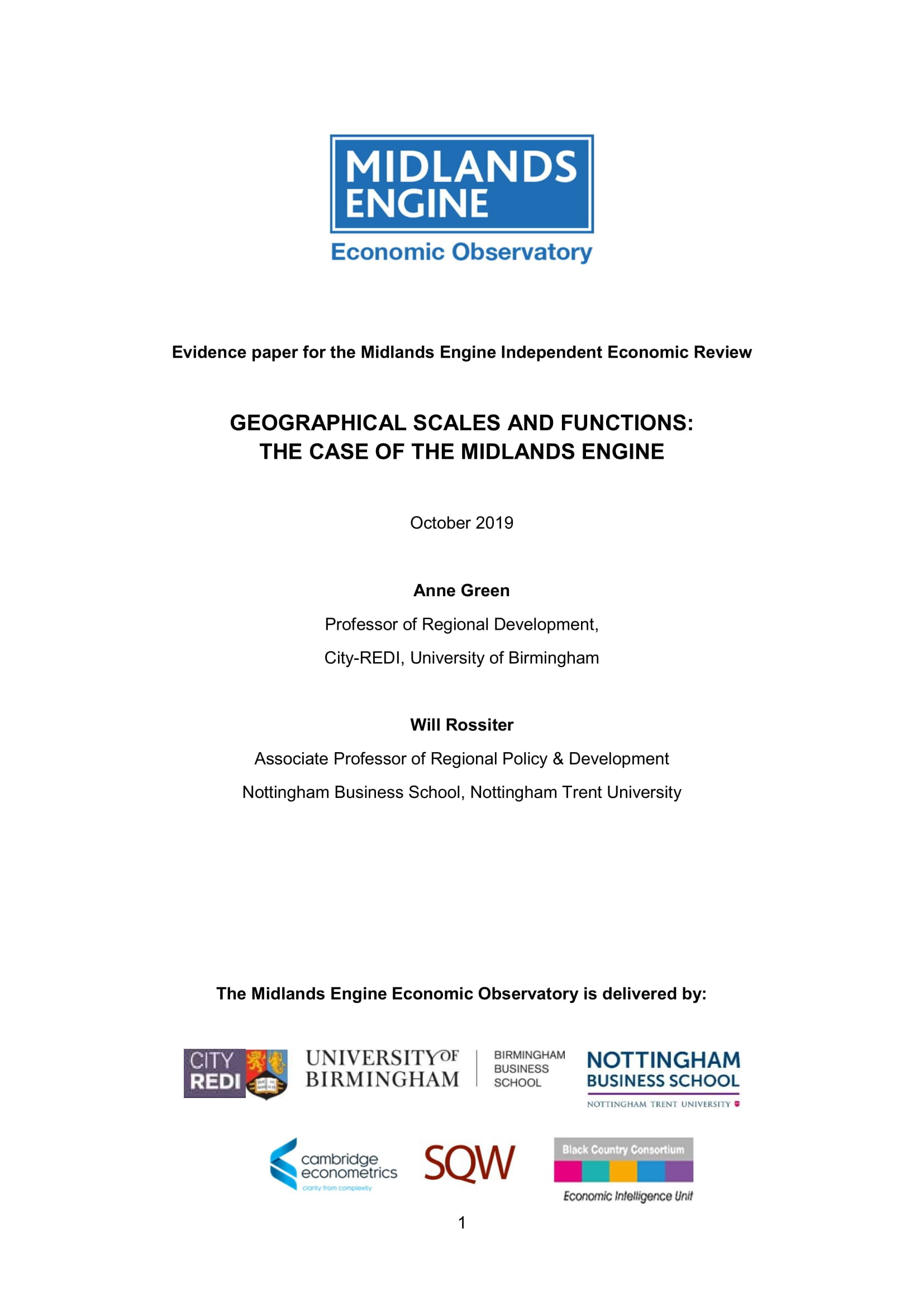 Geographical Scales and Functions: The Case of the Midlands Engine (IER ...